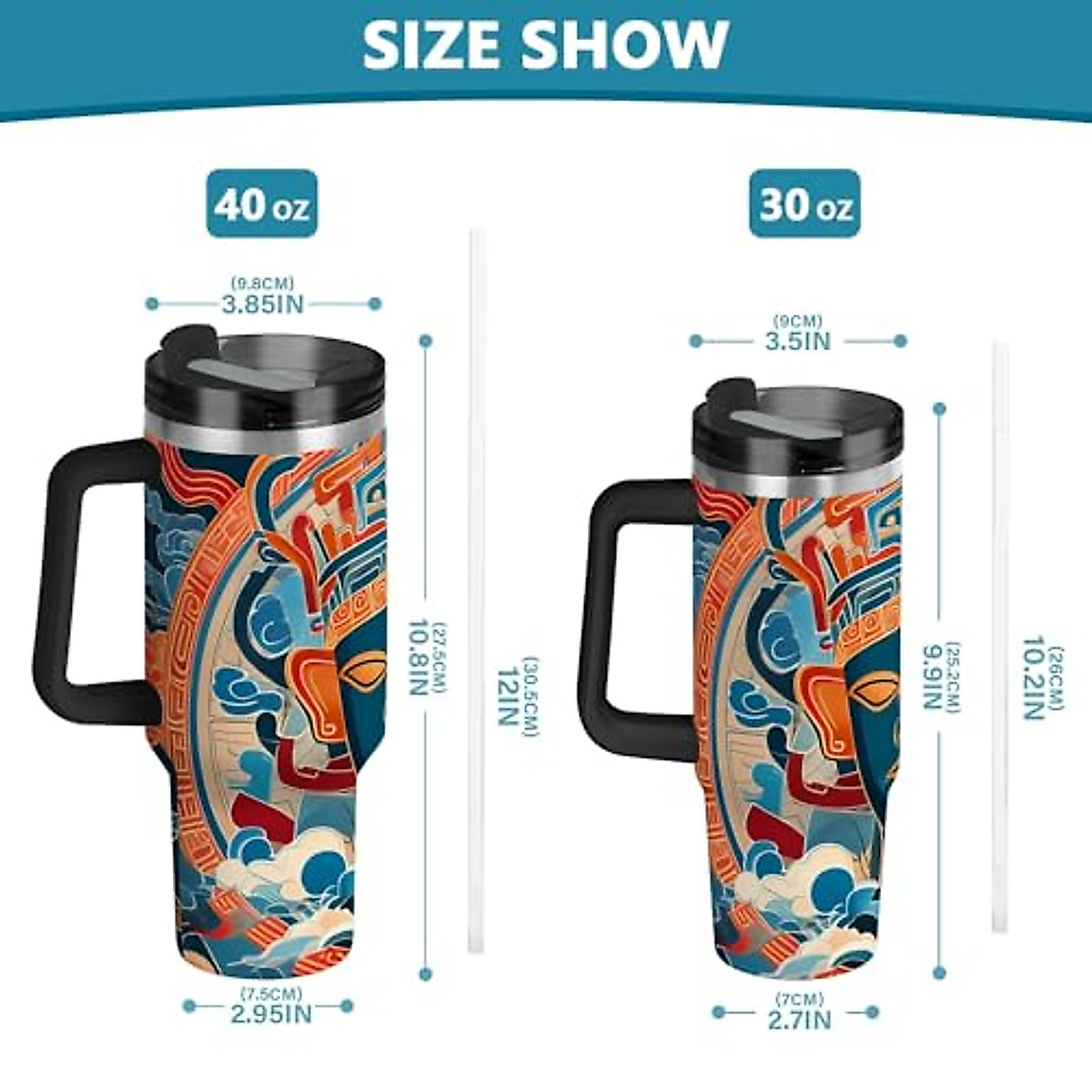 Nexawaveo 30oz 40oz Mythical Sanxingdui Ornament Dark Stainless Steel Vacuum Insulated Tumbler with Lid and Straw for Water, Iced Tea or Coffee, Smoothie Travel Mug