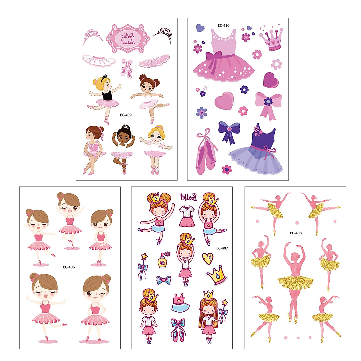 Konsait 186pcs Kids Tattoo Kits, Fake Waterproof Temporary Tattoos Ballet Girls Tattoos for Children's Birthday Party Bags Filler Gift Birthday Party Favors,Dancing Girl Tiara Rose Star LOVE