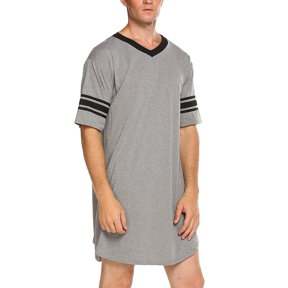 Ekouaer Men's Nightshirt Cotton Nightwear Comfy Big&Tall V Neck Short Sleeve Soft Loose Pajama Sleep Shirt,Men-grey,Large