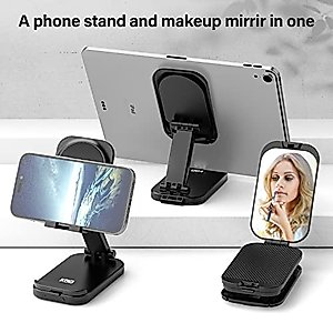 Foldable Cell Phone Stand for Desk , with Makeup Mirror 2 in 1 Phone Holder Adjustable Angle Height Cellphone Cradle Desktop Dock Compatible for iPhone 14 Pro Max 13 Mini 12 XR 11, 4-8'' Smartphone