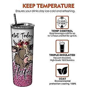 Homega Heifer Straight Tumbler Mug 30oz Cow Skinny Travel Mug Not Today Heifer Vacuum Insulated Coffee Cups Pink Double Wall Thermal Water Bottle for Car Travel Work Sport