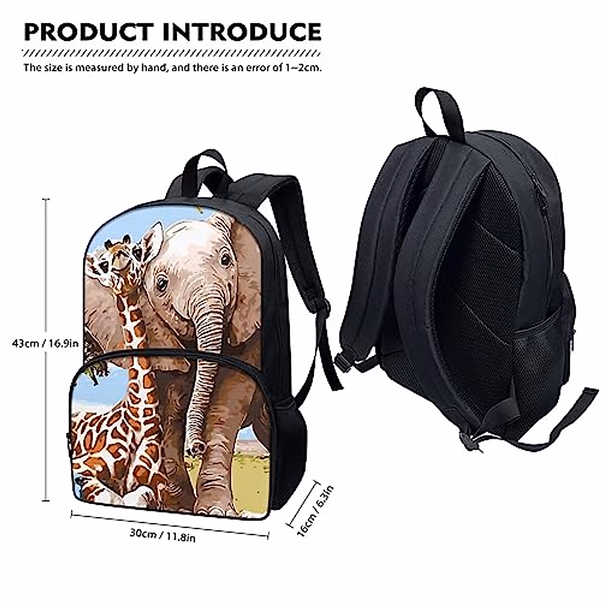Salabomia Elephant Giraffe Kids School Bookbag 3 in 1 Set School Bag with Insulated Lunch Bag Pencil Case, Lightweight Kids Backpack Boys Girls for Elementary School, Blue and Brown