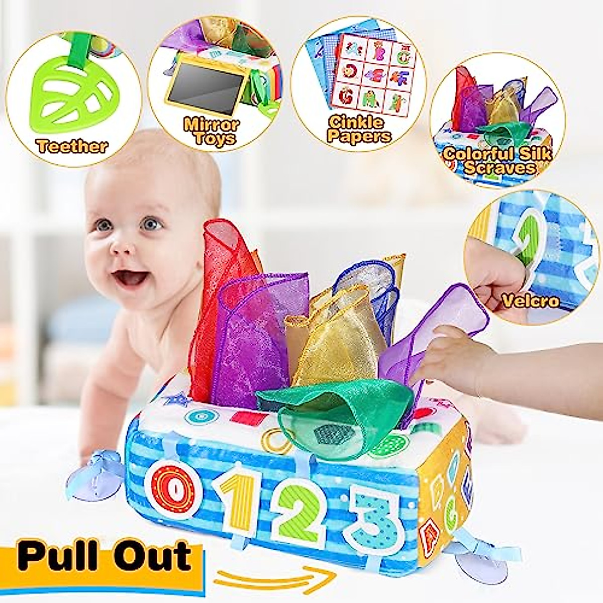 VPOJOY Baby Tissue Box Toy, Soft Montessori Magic Tissue Box Baby Toys 6 to 12 Months, High Contrast Crinkle Paper Sensory Silk Scarves Toys for 1 Year Old Boys Girls Kids Early Learning Gifts