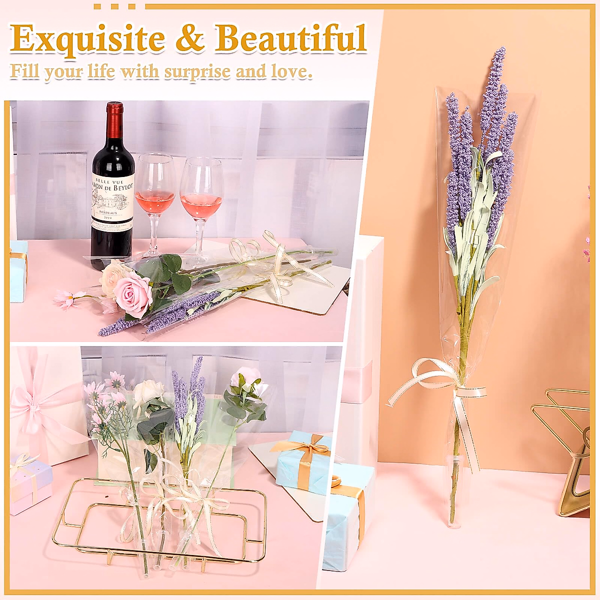 cridoz 100 Pcs Single Rose Sleeve with 100 Pcs Floral Water Tubes for Bouquets, Single Flower Sleeve Flower Wrapping Bags Flower Water Tubes for Mother's Day Graduation Party(Transparent)