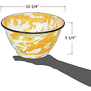 Red Co. Set of 2 Enamelware Metal Large Classic 4 quart Round Salad Serving Bowl, Yellow Swirls/Black Rim