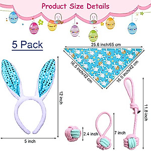 Dog Easter Bunny Costume, 5 Pieces Sequin Pet Rabbit Ears Headband Headwear, Rabbit Egg Bandana, Teething Chew Rope Ball Toy Set, Dog Easter Costumes for Small Medium Dogs Puppy Party Accessory (Blue)
