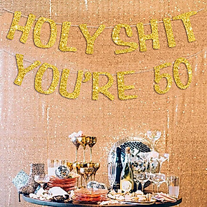 BEISHIDA Gold Holy Shit You're 50 Banner，NO DIY - Gold Holy Shit You're Old Banner,Pre-Strung - Gold Glitter Happy Birthday Garland,Gold Birthday Sign for 50th Party Decorations & Decor