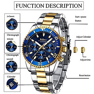 BIDEN Mens Watches Chronograph Gold Blue Stainless Steel Waterproof Date Analog Quartz Watch Business Casual Fashion Wrist Watches for Men