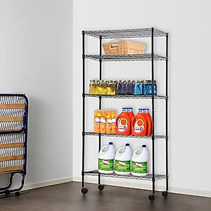 24/7 Shop at Home Rex Industrial 5 Tier Wire Shelving Rack with Wheels, Adjustable Shelves and NSF Certified, Metal Storage Shelves for Kitchen, Office, Garage, Basement, Laundry Room, Black