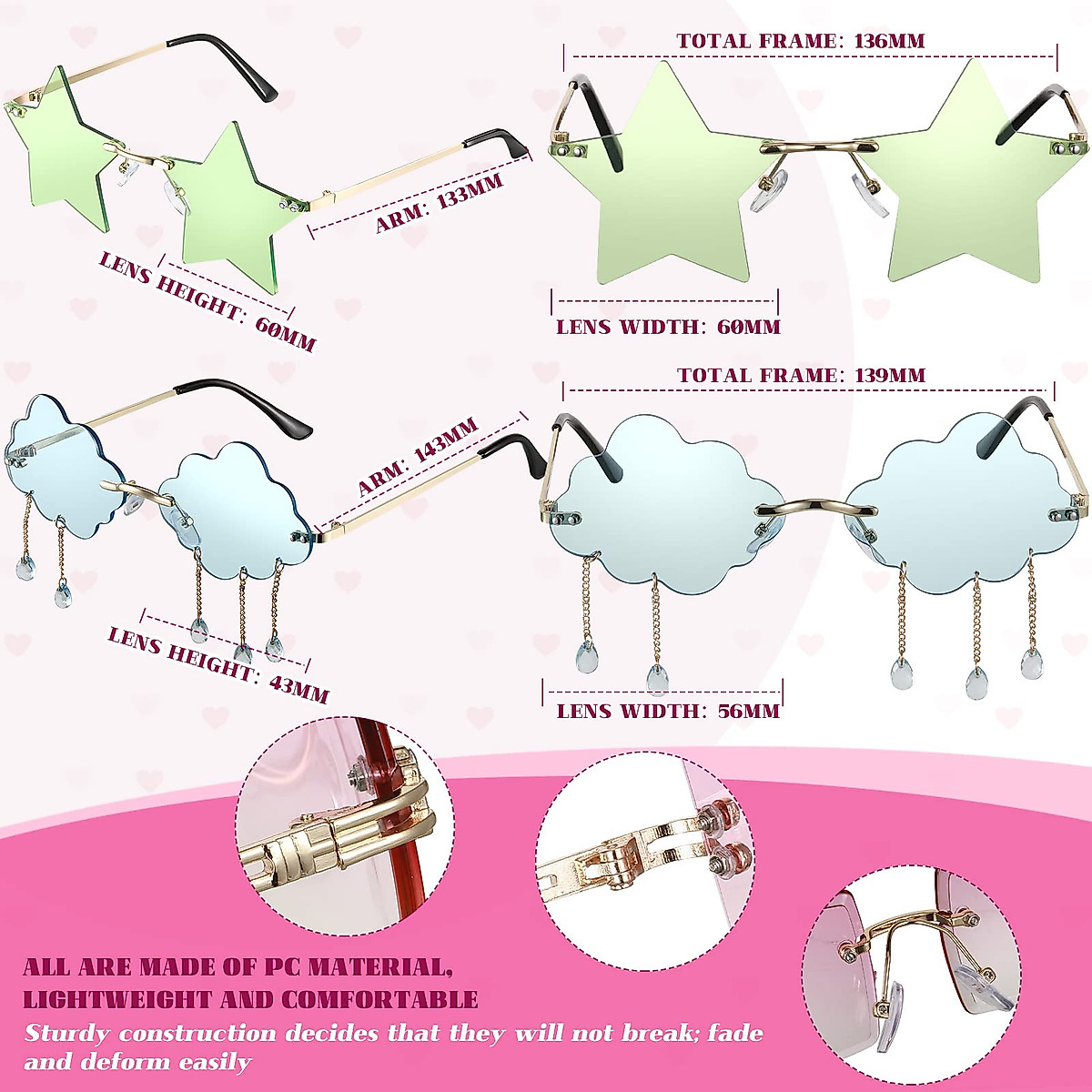 Juinte 8Pcs Irregular Sunglasses Set Heart Sunglasses Flame Cloud Butterfly Star Rimless Sunglasses Party Favors (Vibrant Style)