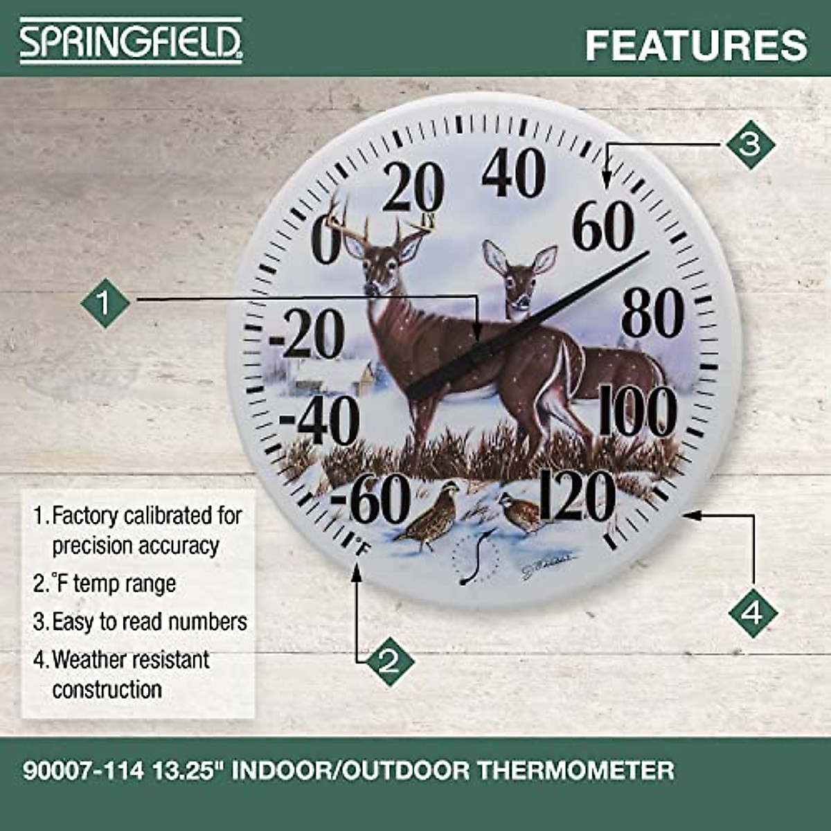 Springfield Indoor Outdoor Thermometer, Outdoor Thermometers for Patio 13.25-Inch - Winter Deer