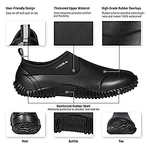HISEA Unisex Waterproof Garden Shoes, Men's Ankle Rain Boots Women's Slip-On Footwear Rubber Neoprene Camp Booties Outdoor Rain Shoe for Gardening, Farming, Camping, Car Wash, Lawn Care and Yard Work, Size M11.5/W13 Black
