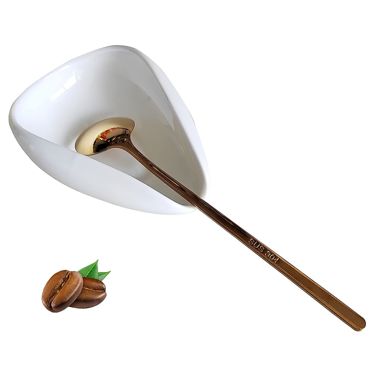 Coffee Spoon Rest and Spoon, Ceramic Coffee Spoon Holder, Small Spoon Rest for Coffee Stirrers, Teaspoon, Bar Spoon, Coffee Bar Accessories, Coffee Station Décor (Gold spoon+Spoon rest)