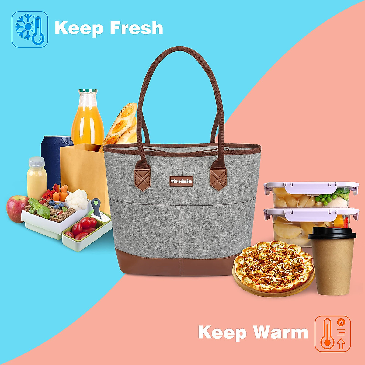 Tirrinia Large Insulated Lunch Tote Bag for Women, Cute Waterproof Leakproof Cooler Bag with Zipper for Work, Beach, Adult Shopping Grocery Bags for Frozen Food - Grey