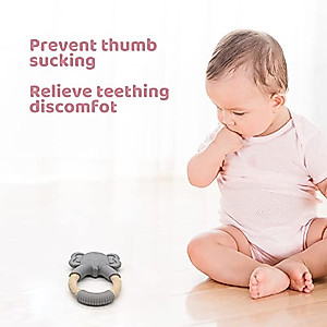Animal Shape Baby Teething Toys, Teething Toys for Babies 12+ Months, Natural Wooden Teething Ring, Food-Grade Silicone, for Baby Teething Relief & Sensory Exploration, Easy to Grip (Elephant)