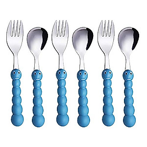 ANNOVA Kids Silverware 6 Pcs Set Children's Flatware - Stainless Steel Cutlery - 3 x Safe Forks, 3 x Dinner Spoons - Safe Toddler Utensils Without Knives for Lunch Box BPA Free (Caterpillar x 6 PCS)