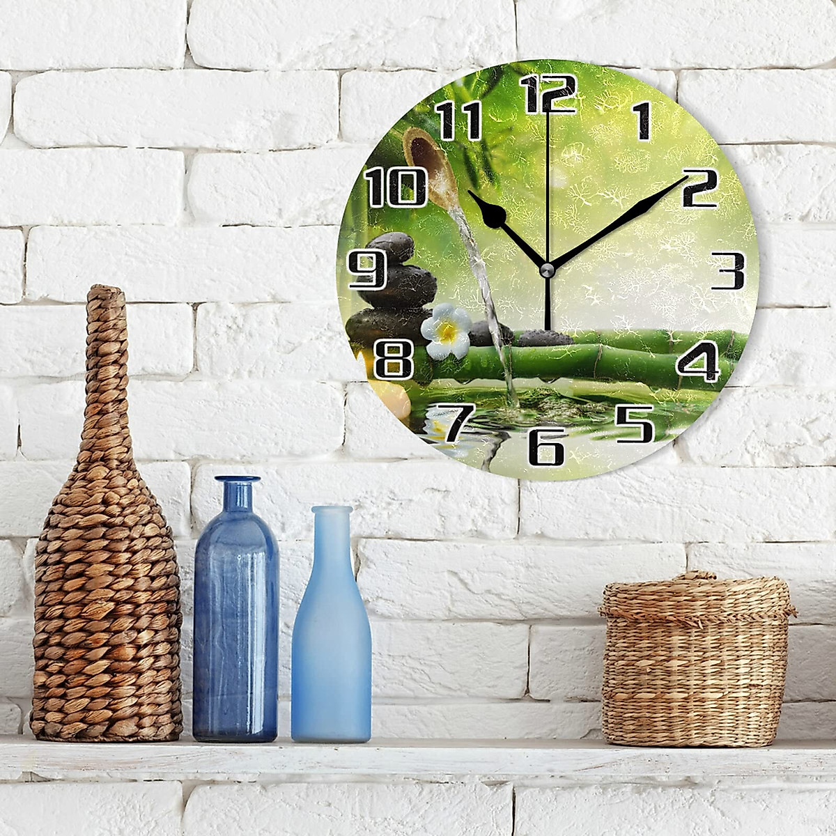 TropicalLife Flower Japanese Zen Wall Clock, Garden Stone Bamboo Silent Non Ticking Round Clock for Home Kitchen Bedroom Desktop Stand Bathroom Living Room Decor Office Classroom Clock Art 9.5 Inch