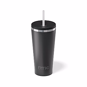 RTIC 20oz Everyday Tumbler Insulated Stainless Steel Portable Travel Coffee Cup with Straw, Spill-Resistant Lid, BPA-Free, Hot and Cold Drink, Ceramic Lining, Black