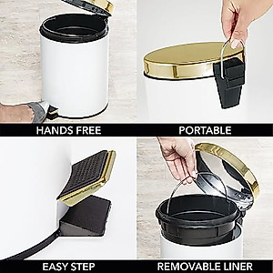 mDesign Pedal Bin — Metal Waste Bin with Pedal, Lid and Plastic Bucket Insert — Perfect for Bathroom, Kitchen, and Office — Household Rubbish Bin with Ergonomic Design — White/Gold