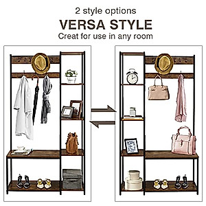 VECELO Coat Rack Shoe Bench,Hall Tree with 7 Hooks Entryway Storage 4-Tier Shelves and 1-Tier Shoe Shelf,Wood Look Accent Furniture Metal Frame,4 in 1 Design, Easy Assembly,Brown