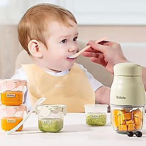 BOLOLO Baby Food Maker Set, Baby food mill, Food Processors Set for Baby Food, Fruit, Vegatable, Meat, 4 Baby Food Containers, 2 Silicone Spoons, Bib, cleaning set, One-touch blend directly