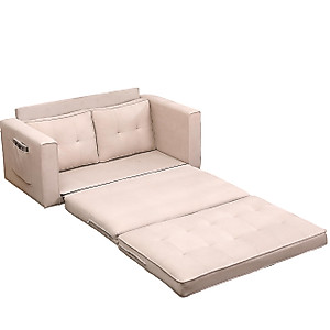 MATONELL 3-in-1 Upholstered Futon Sofa Convertible Floor Sofa Bed,Foldable Tufted Loveseat with Pull Out Sleeper Couch Bed,Folding Mattres Love Seat Daybed W/Side Pockets for Living Room,Beige