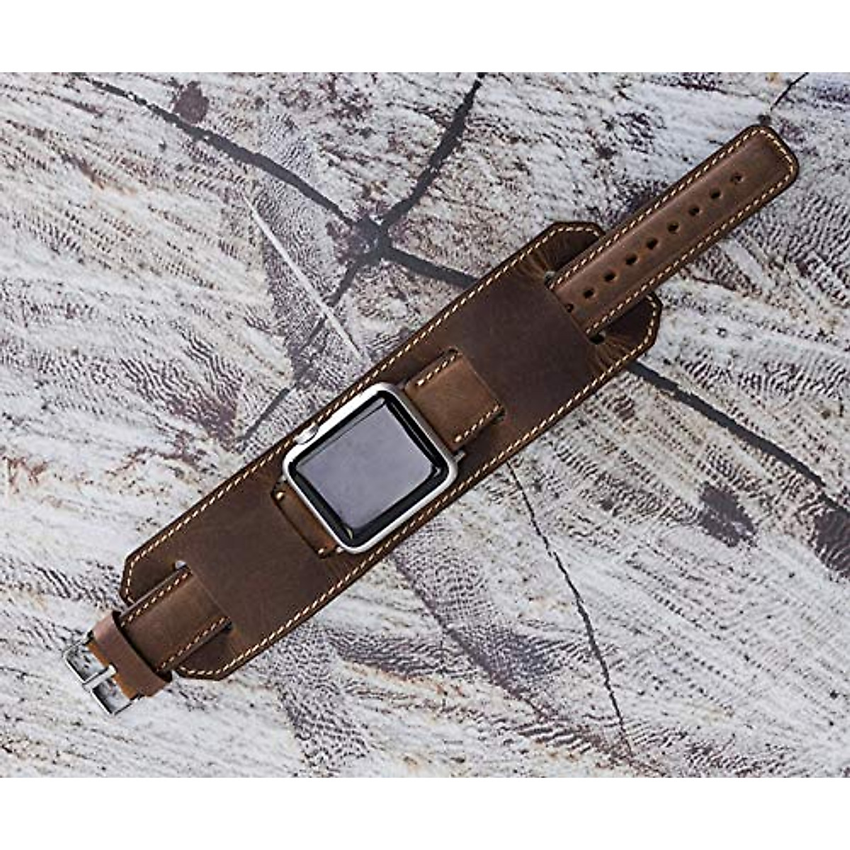 VENOULT Brown iWatch Series 8 Compatible Apple Classic Watch Cuff Bands for Man or Women 45mm, 44mm, 41mm, 40mm, Series 8-1 Dark Brown Genuine Leather Bull Strap, HANDMADE
