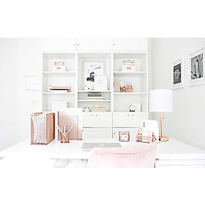 BLU MONACO 5 Piece Cute Office Supplies Rose Gold Desk Organizer Set - with Desktop Hanging File Organizer, Magazine Holder, Pen Cup, Sticky Note Holder, Letter sorter - Rose Gold Desk Accessories