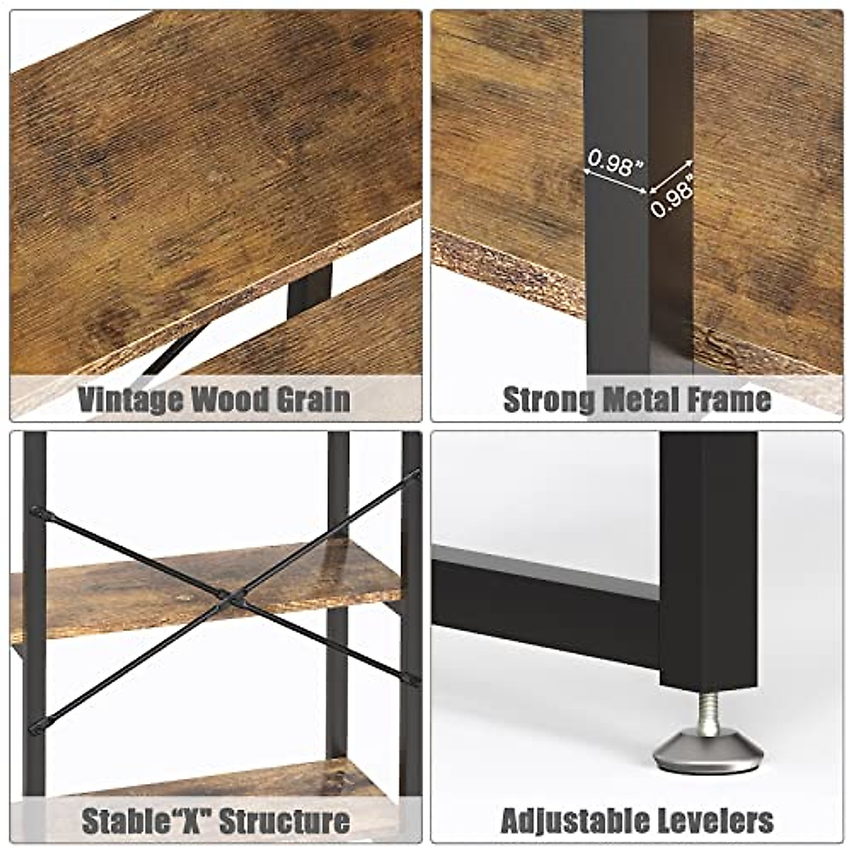 Easyzon 4 Tier Bookcase and Bookshelf, Rustic Industrial Bookshelf, Large Etagere Bookshelf Open Display Shleves with Metal Frame for Living Room Bedroom Home Office, Rustic Brown