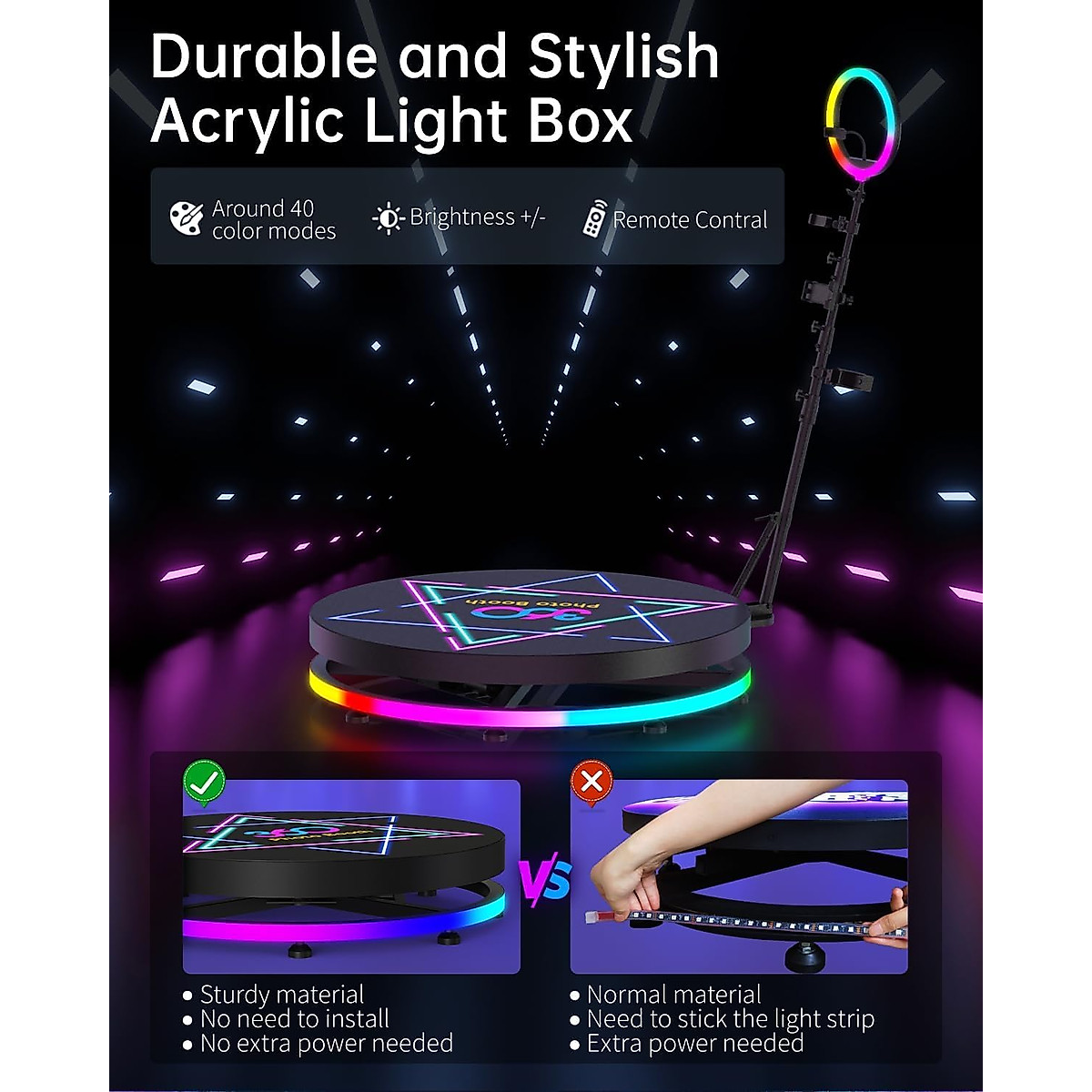 MBOBAO [Newest] 360 Photo Booth Machine with RGB Ring Light,Free Custom Logo, Video Camera Selfie Platform for Live Streaming Wedding Birthday Events Exhibitions (26.8in 1-3 people+Flight Case)