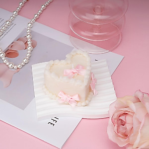 Stylor Coquette Room Decor Aesthetic, Heart Cake Shaped Soy Wax Decorative Candle with Pink Bows for Apartment, Girly Kawaii Cute Stuff for Bathroom Decor. (5 OZ, Vanilla Cream Scented)