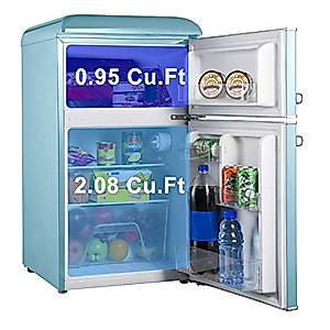 Galanz GLR31TBEER Retro Compact Refrigerator, Mini Fridge with Dual Doors, 3.1 Cu FT, Blue & GLCMKZ11BER10 Retro Countertop Microwave Oven with Auto Cook & Reheat, Defrost, 1.1 cu ft, Blue
