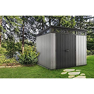 Keter Artisan 9x7 Foot Large Outdoor Shed with Floor with Modern Design for Patio Furniture, Lawn Mower, Tools, and Bike Storage, Grey