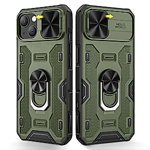 Caka for iPhone 14 Case, iPhone 13 Phone Case with Camera Cover & Kickstand, Built-in 360°Rotate Ring Stand with Camera Lens Protection Magnetic Magnet Phone Case for iPhone 13 & iPhone 14 -Green