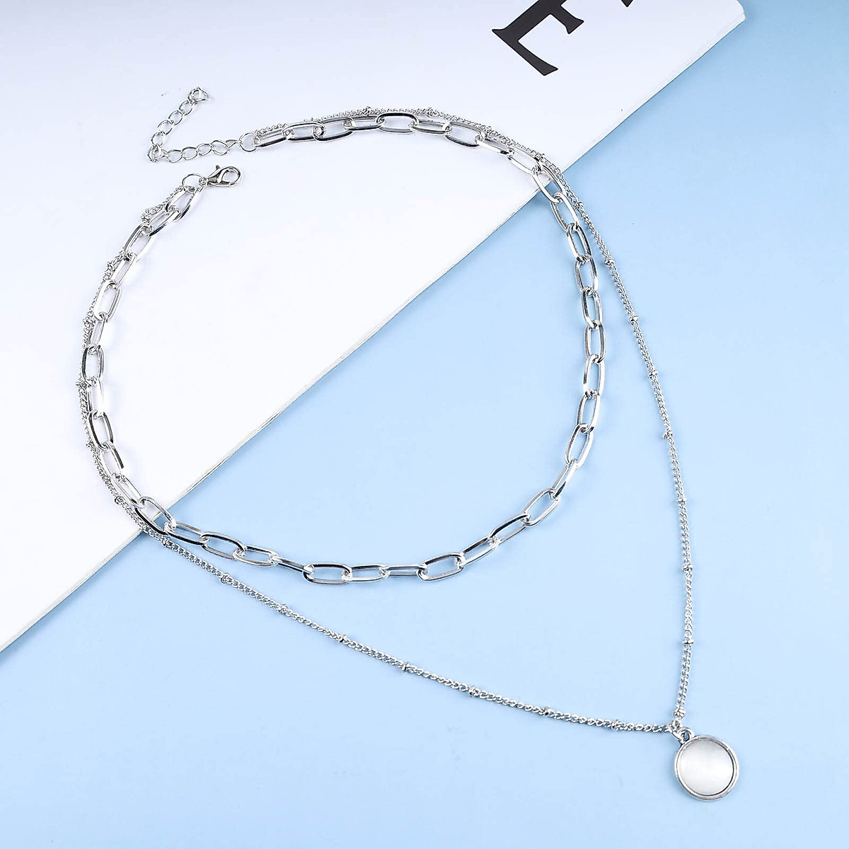 Yheakne Boho Layered Moonstone Necklace Silver Opal Moonstone Pendant Necklace Paper Clip Chain Choker Necklace Punk Flat Chain Necklace Jewelry for Women (Silver)