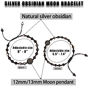 8MM Silver Obsidian Moon Bracelet - Solar System Planet Bracelet - Adjustable Beaded Bracelets For Teen Girls - Charm Bracelets Matching Bracelet Friendship Couple Bracelets