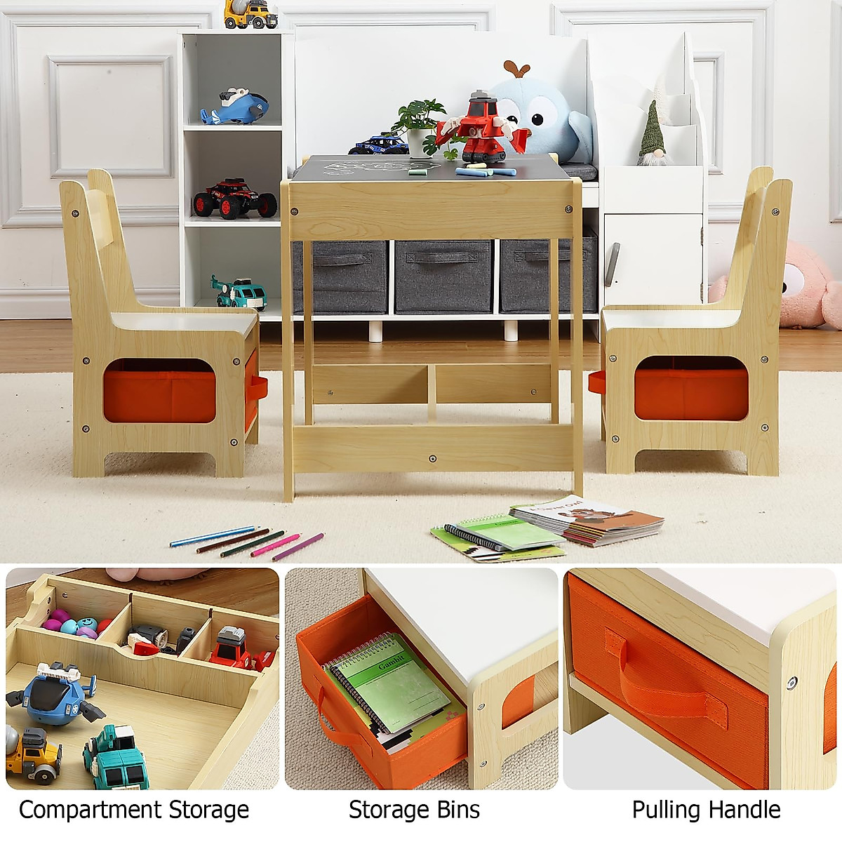 Bophy Kids Table and Chair Set, 3 in 1 Children Activity Table w/Storage, Removable Tabletop, Blackboard, 3-Piece Toddler Furniture Set for Art, Crafts, Drawing, Reading, Playroom (Natural)