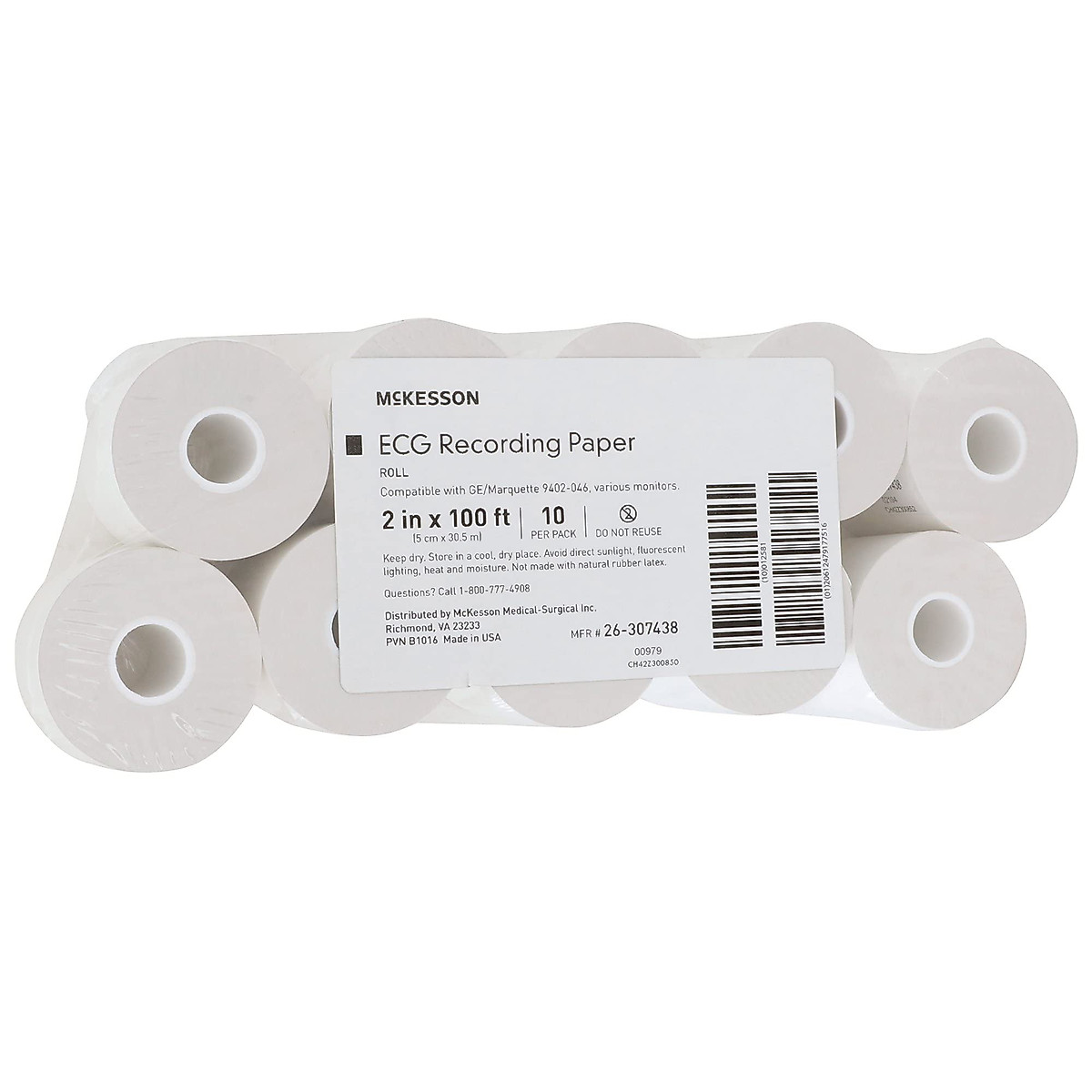 McKesson ECG Recording Paper, White Diagnostic Thermal Paper, 2 in x 100 ft, 10 Count, 1 Pack