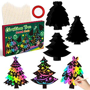 WATINC 60pcs Christmas Tree Scratch Paper Art Ornaments DIY Xmas Party Scratch off Card Hanging Craft Magic Drawing Coloring Sheet Set with Stick for Kids Gifts Home Activities School Decor
