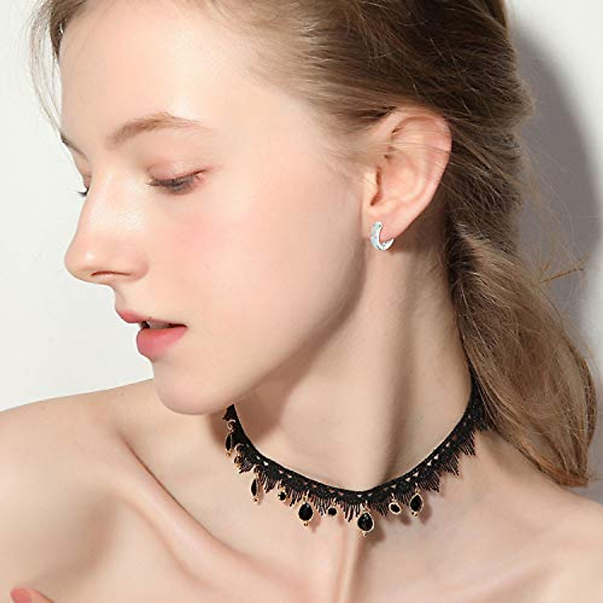 Hoop Earrings for Women 925 Sterling Silver White Opal Small Hinged Huggie Earrings Simulated Opal Earrings Hypoallergenic Earrings for Sensitive Ears Christmas Mothers Day Gift for Women