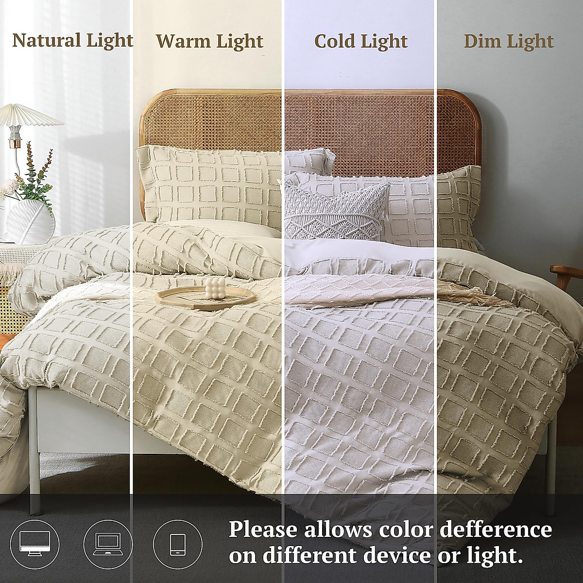 MILDLY Waffle Weave Duvet Cover Set Beige Tufted Duvet Cover 100% Washed Microfiber Soft & Breathable Textured Comforter Cover Set with Zipper Closure Corner Ties