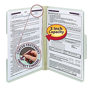 Smead® Pressboard Fastener Folders With SafeSHIELD® Fasteners, 3" Expansion, Legal Size, 100% Recycled, Gray/Green, Box