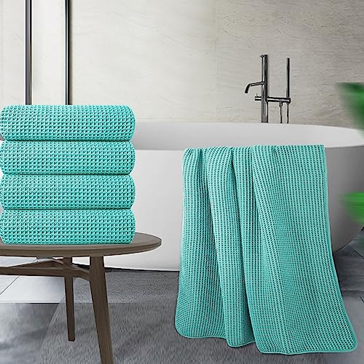 POLYTE Microfiber Oversize Quick Dry Lint Free Bath Towel, 60 x 30 in, 4 Pack (Aqua, Waffle Weave)