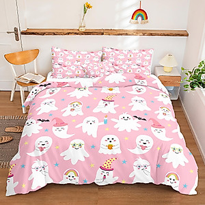 Halloween Bedding Set Queen Funny Pupmkin Duvet Cover Set Halloween Theme Pattern Design Trick or Treat Comforter Cover Grey Halloween Bedding Sets (Queen, Gray)