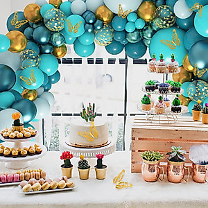 Amandir 168PCS Teal Balloons Garland Arch Kit, Double-Stuffed Dark Teal Blue Turquoise Metallic Gold Green Balloons with 12Pcs Butterfly for Birthday Wedding Baby Shower Party Decorations