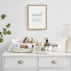 Sweet Jojo Designs Red Blue Construction Truck Boy Woven Storage Basket Set 3pc Cotton Rope Diaper Bins Baby Nursery Kids Closet Drawer Organizer Liner Transportation Bulldozer Grey Black and White