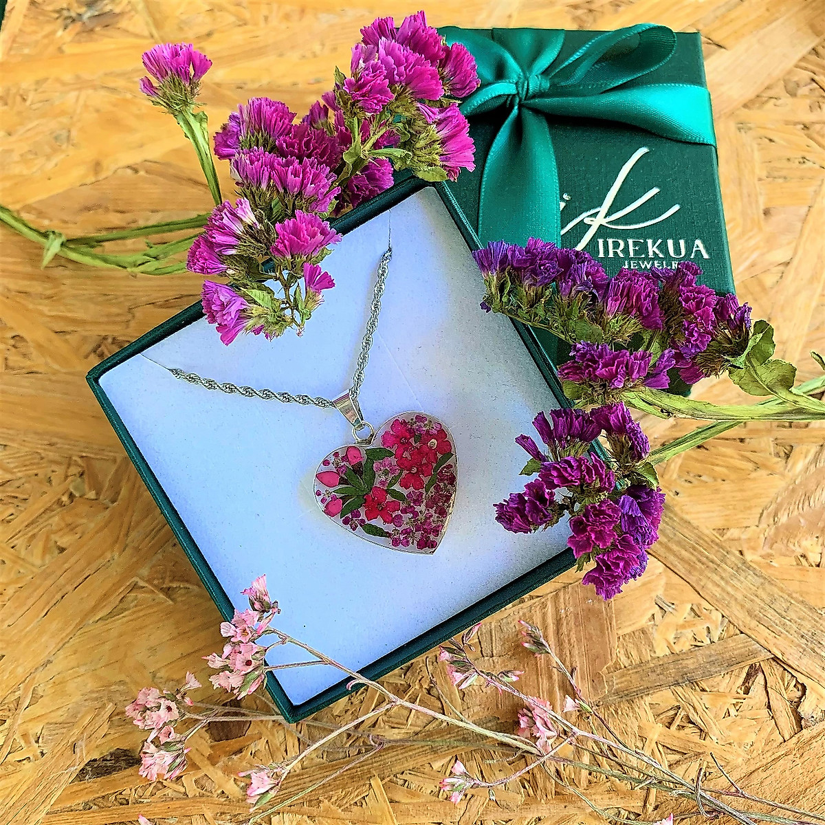IREKUA Love Heart Necklace for Women 925 Sterling Silver Pressed Flowers Pendant with 20" Stainless Steel Chain Jewelry for Anniversary Birthday Valentines Christmas Gifts for Woman Mother Wife Mom Girlfriend Girl Lady Her with Gift Box