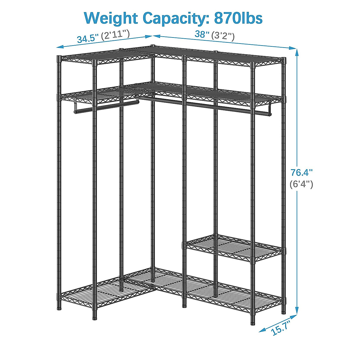 VIPEK L30 Garment Rack, Heavy Duty Corner Clothes Rack, L Shaped Corner Closet System with Adjustable Shelves & Hanging Rods, Freestanding Corner Wardrobe Portable Closet for Hanging Clothes