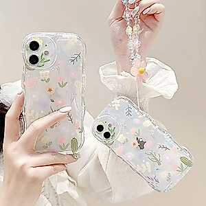 Aitipy Compatible with iPhone 11 case, Cute Colorful Flower Print with Lovely Flower Bracelet Chain, Wave Border Clear Phone Case, Soft TPU Shockproof Protective Case for Women Girls