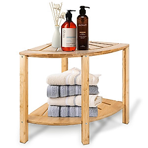 Shower Foot Rest, Bamboo Corner Shower Bench for Shaving Legs, Shower Stool with Storage Shelf for Inside Shower- Waterproof Bath Shower Seat for Bathroom